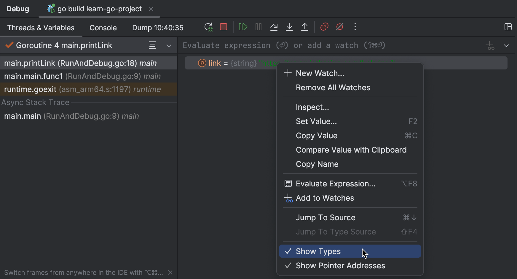 Examine suspended program | GoLand Documentation