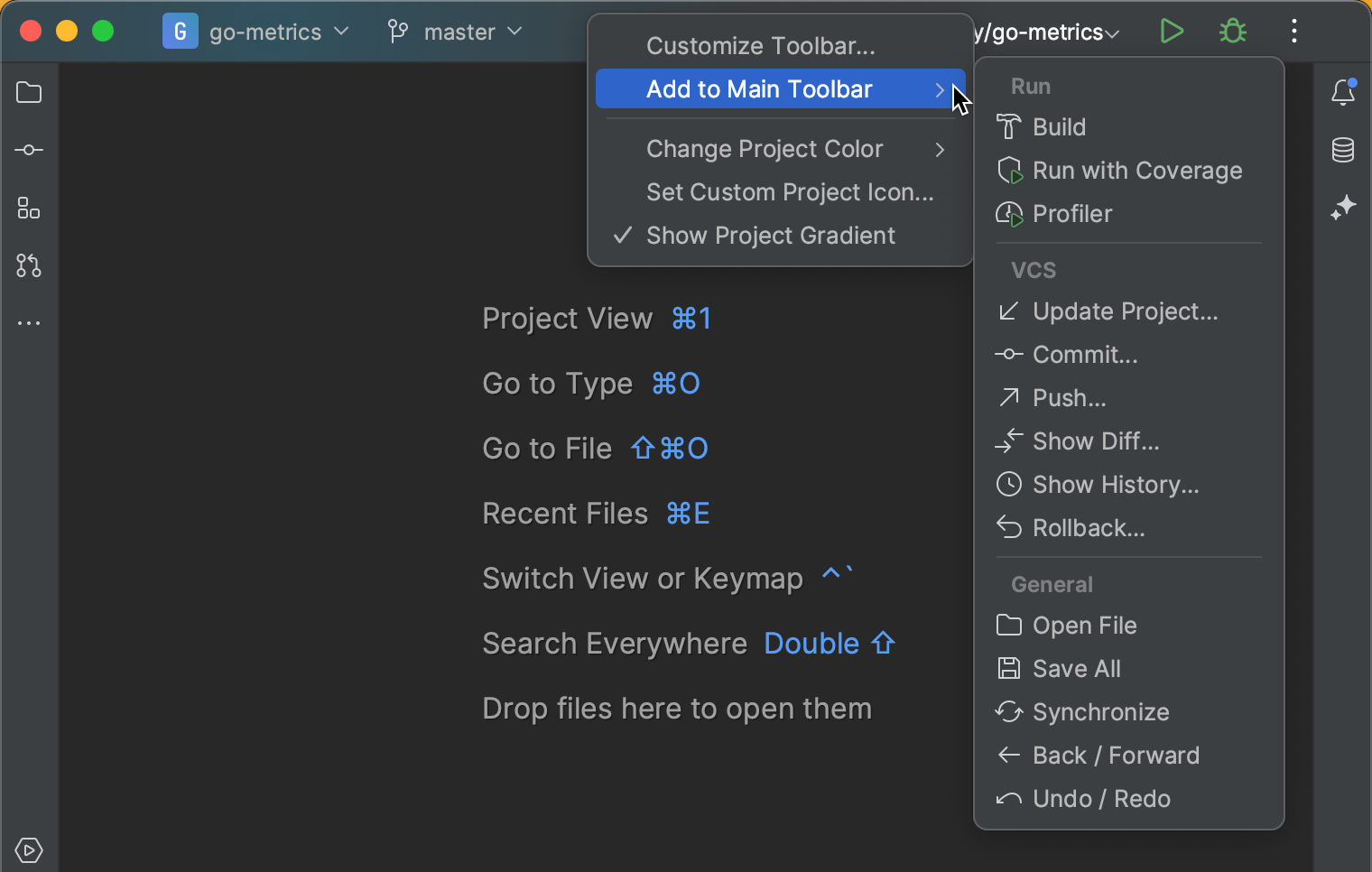 Menus and toolbars | GoLand Documentation