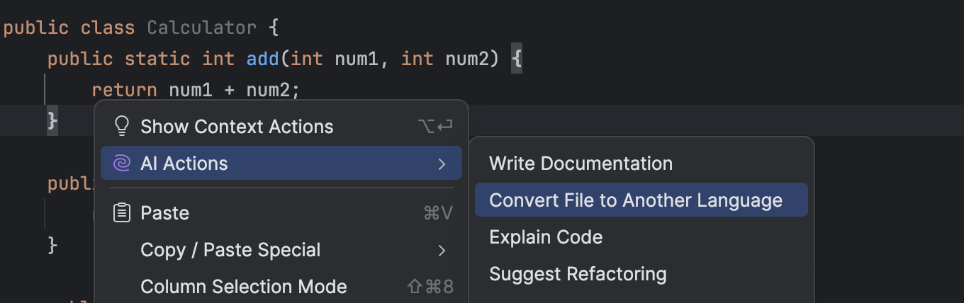 Use AI to convert files to another language | IntelliJ IDEA Documentation