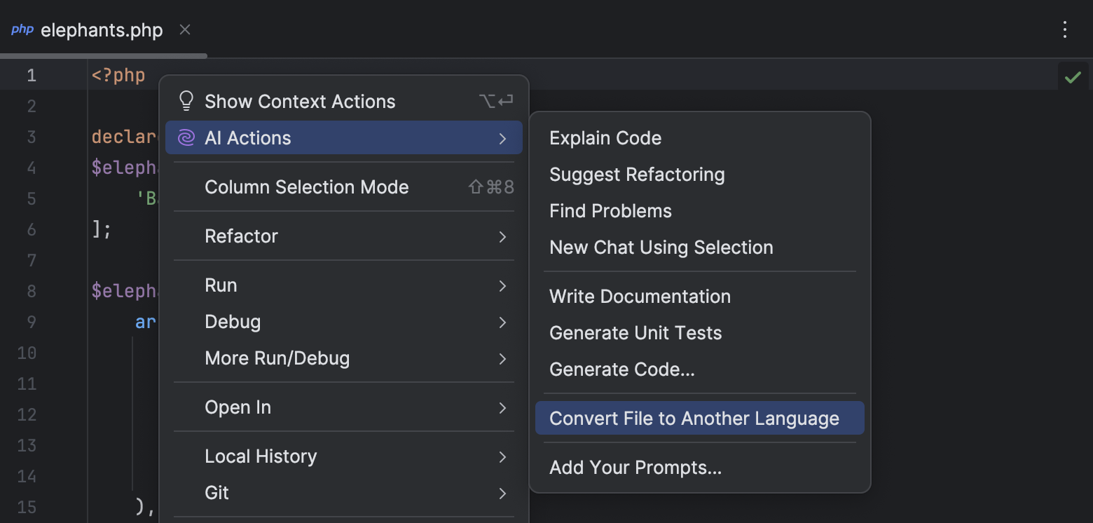 Use Ai To Convert Files To Another Language Phpstorm Documentation 