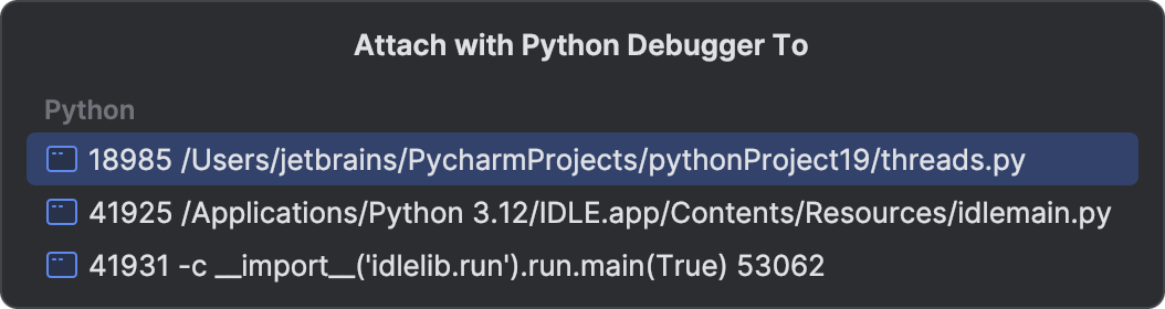 Attach to process | PyCharm Documentation