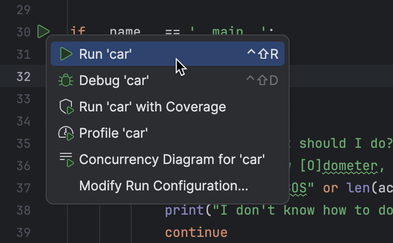 Run without any previous configuring | PyCharm Documentation