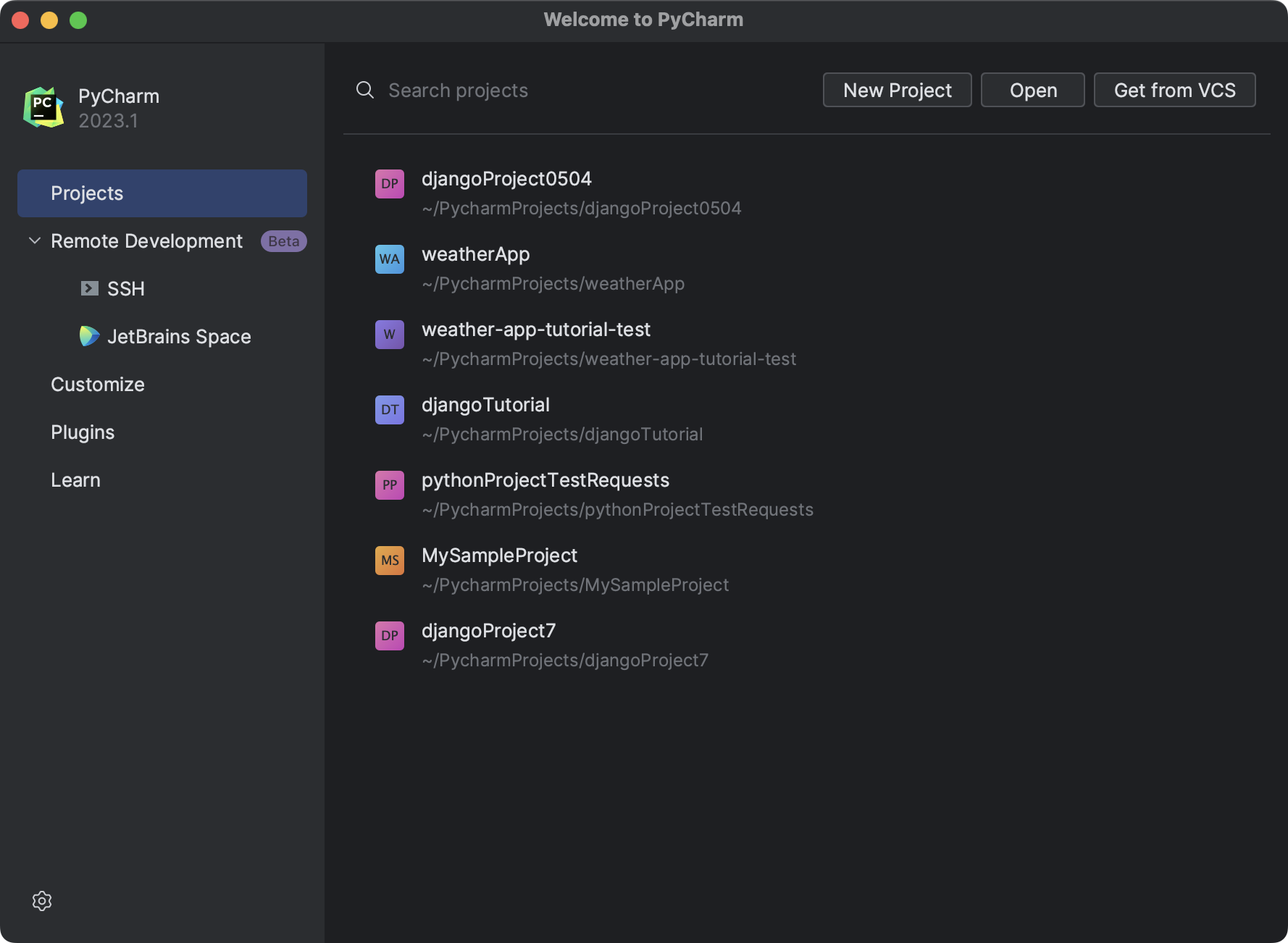 Welcome screen | PyCharm Documentation