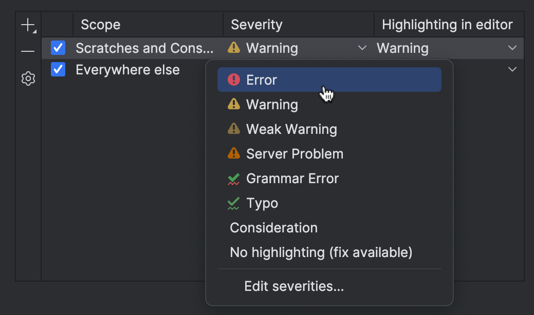 Inspection severities | RustRover Documentation