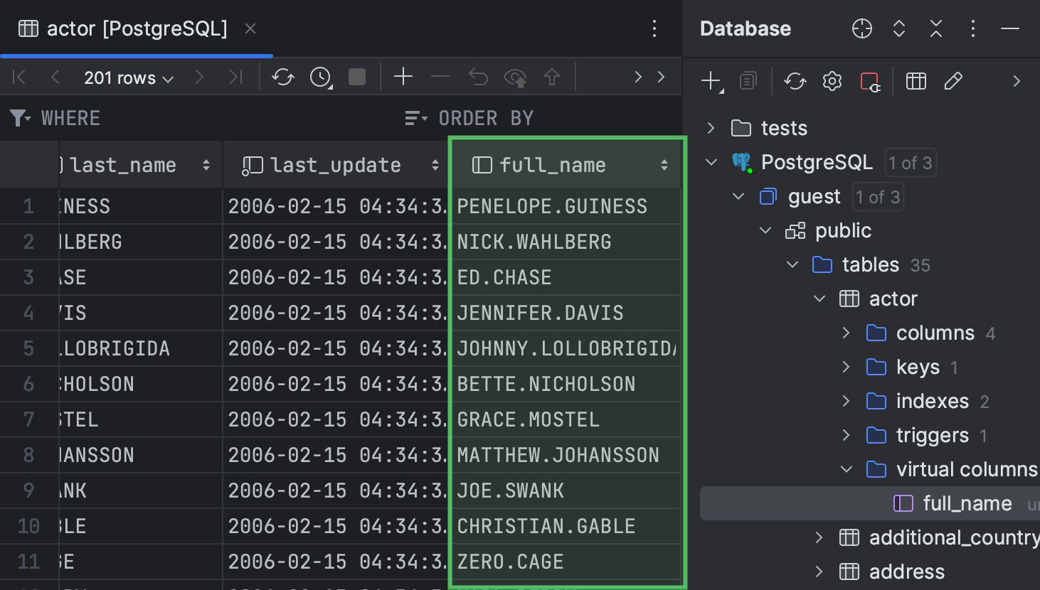 Virtual columns | DataSpell Documentation