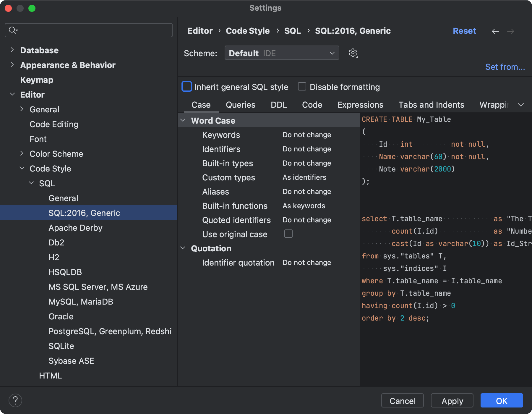Configure the SQL code style | DataGrip Documentation