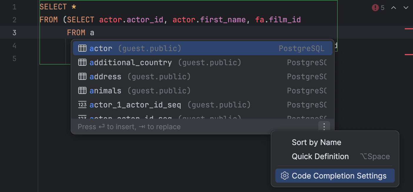 Code completion | DataGrip Documentation