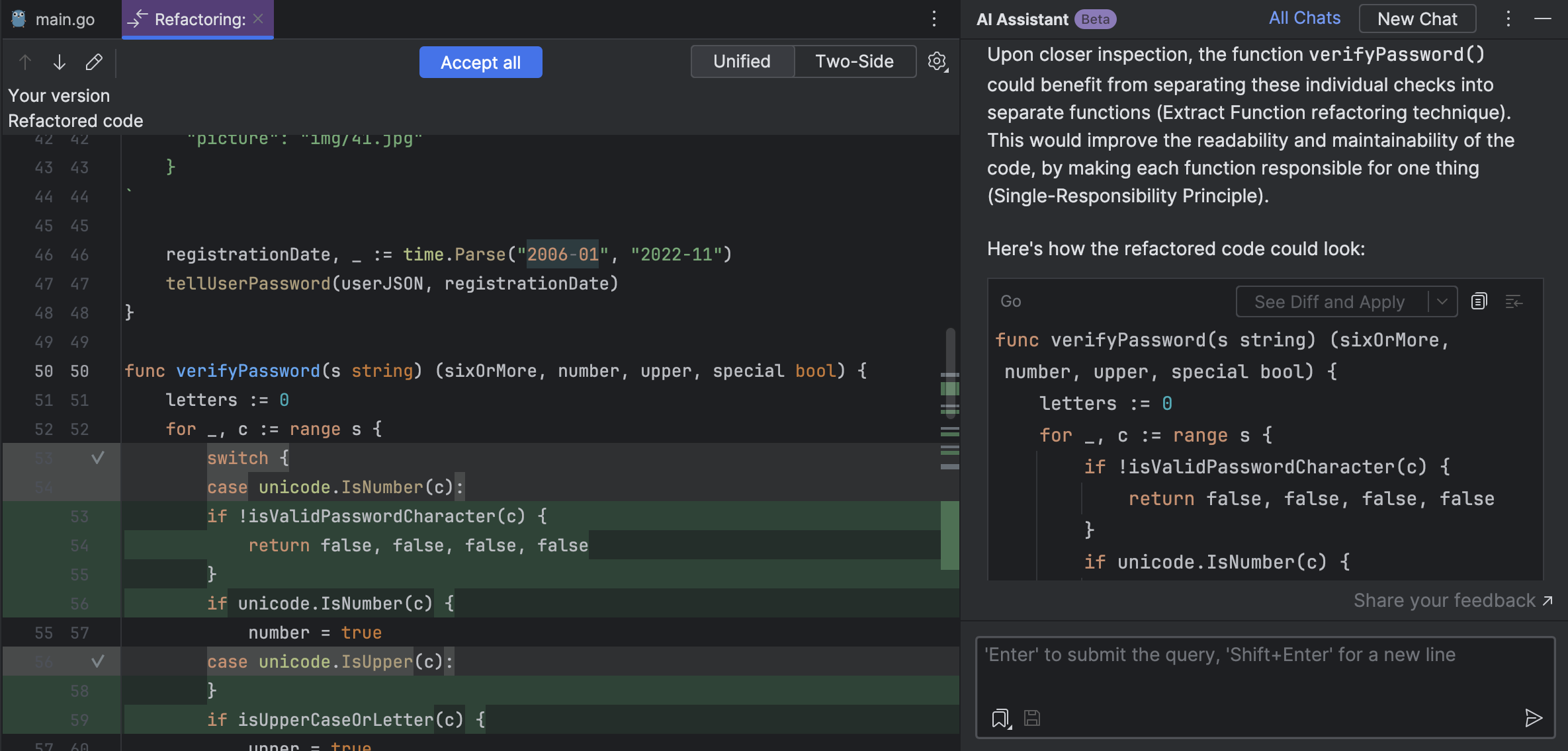 Use AI prompts to explain and refactor your code | GoLand Documentation