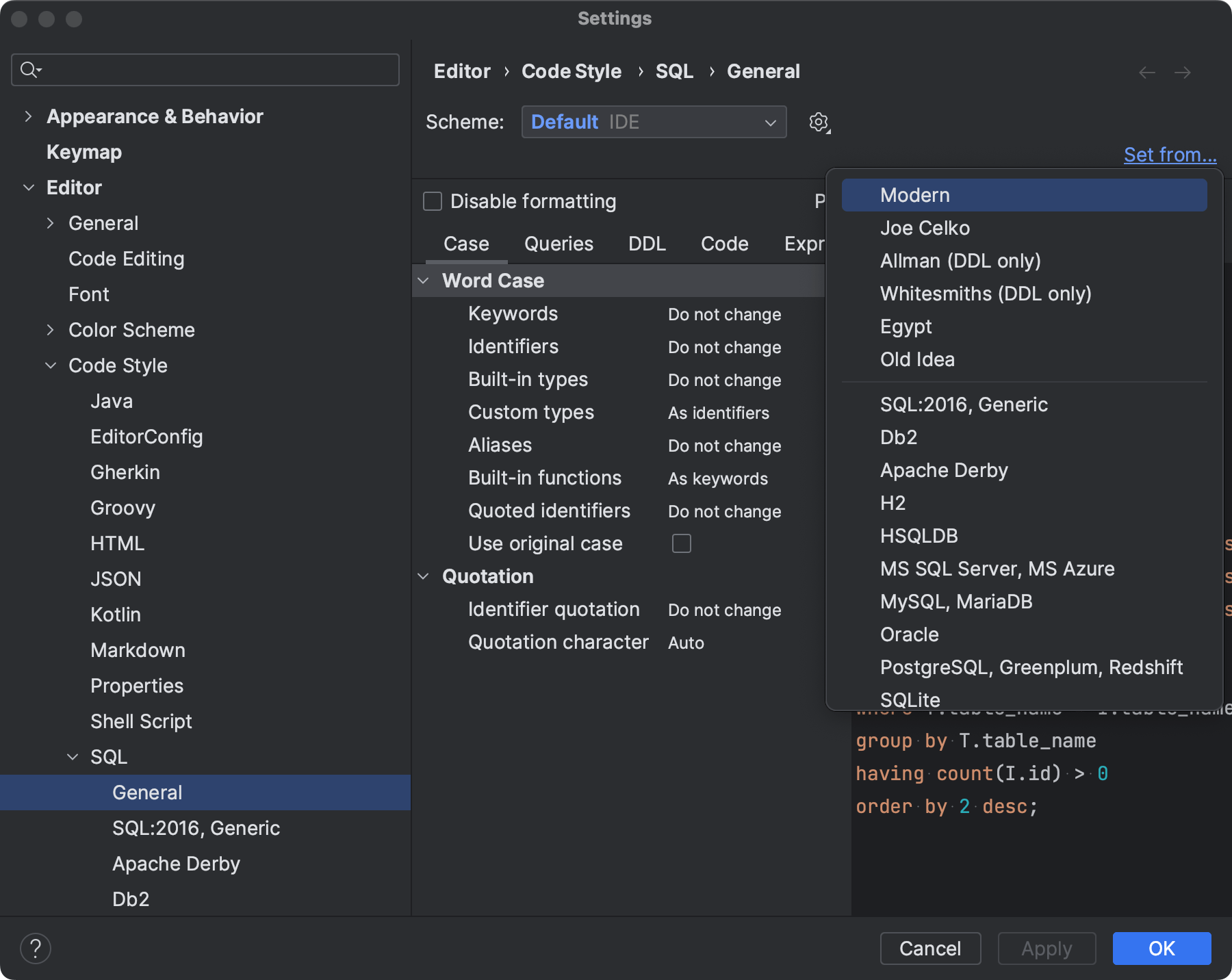 Configure The Sql Code Style Intellij Idea Documentation 6318
