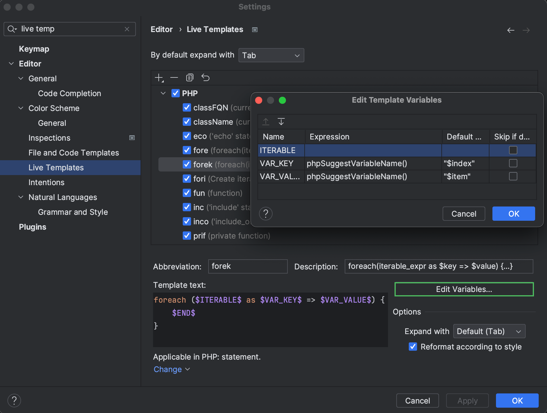 Live Template Variables Phpstorm Documentation