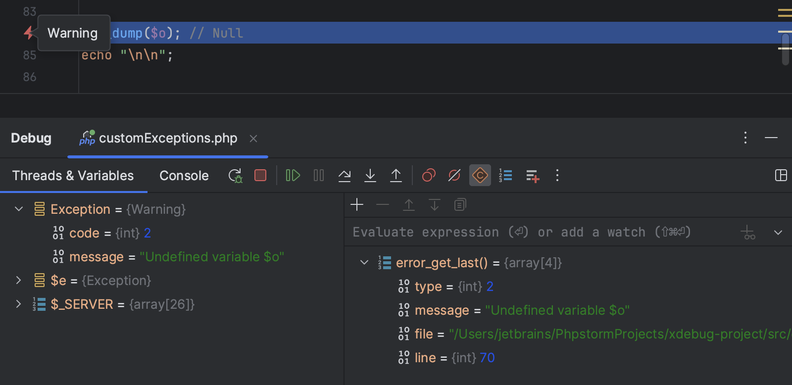 Debug With Php Exception Breakpoints Phpstorm Documentation