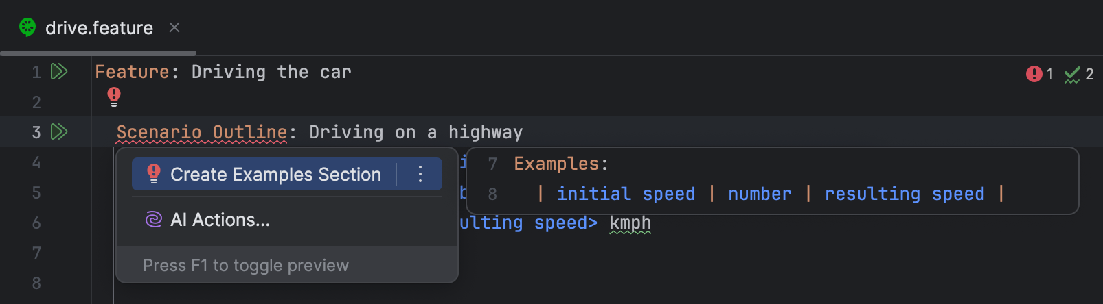 Create examples table in scenario outline | PyCharm Documentation