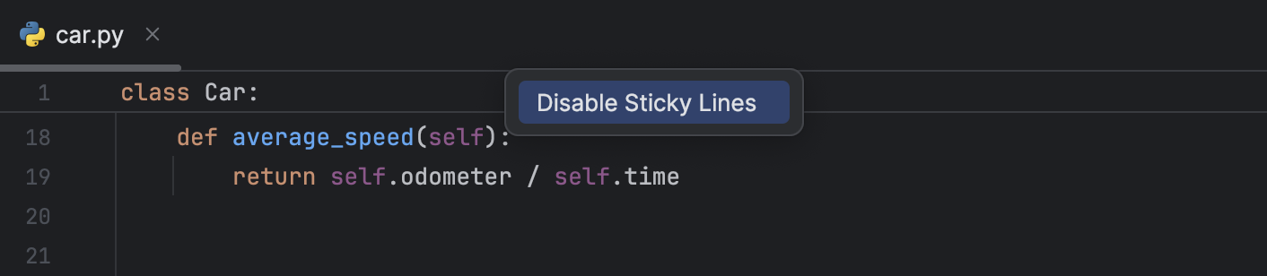 Sticky lines | PyCharm Documentation