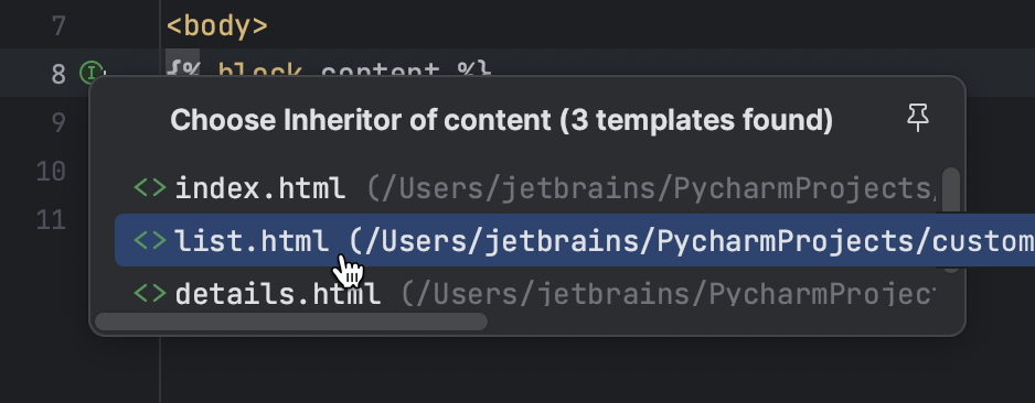 Navigate to implementing blocks of templates | PyCharm Documentation