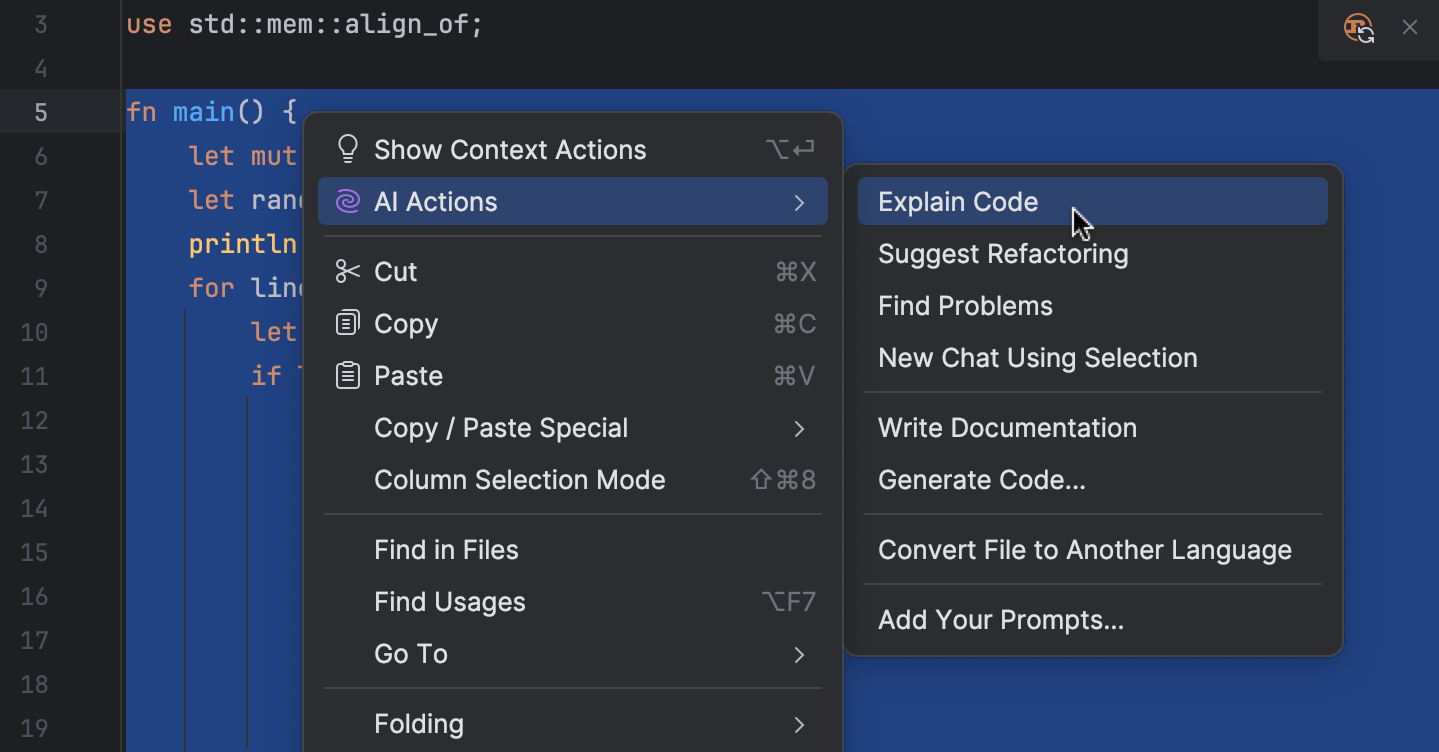 Use Ai Prompts To Explain And Refactor Your Code Rustrover Documentation