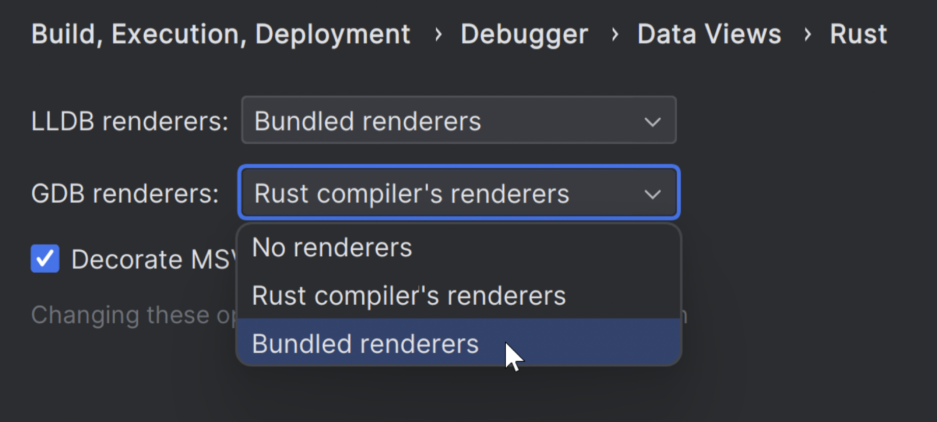Switching debuggers and renderers | RustRover Documentation
