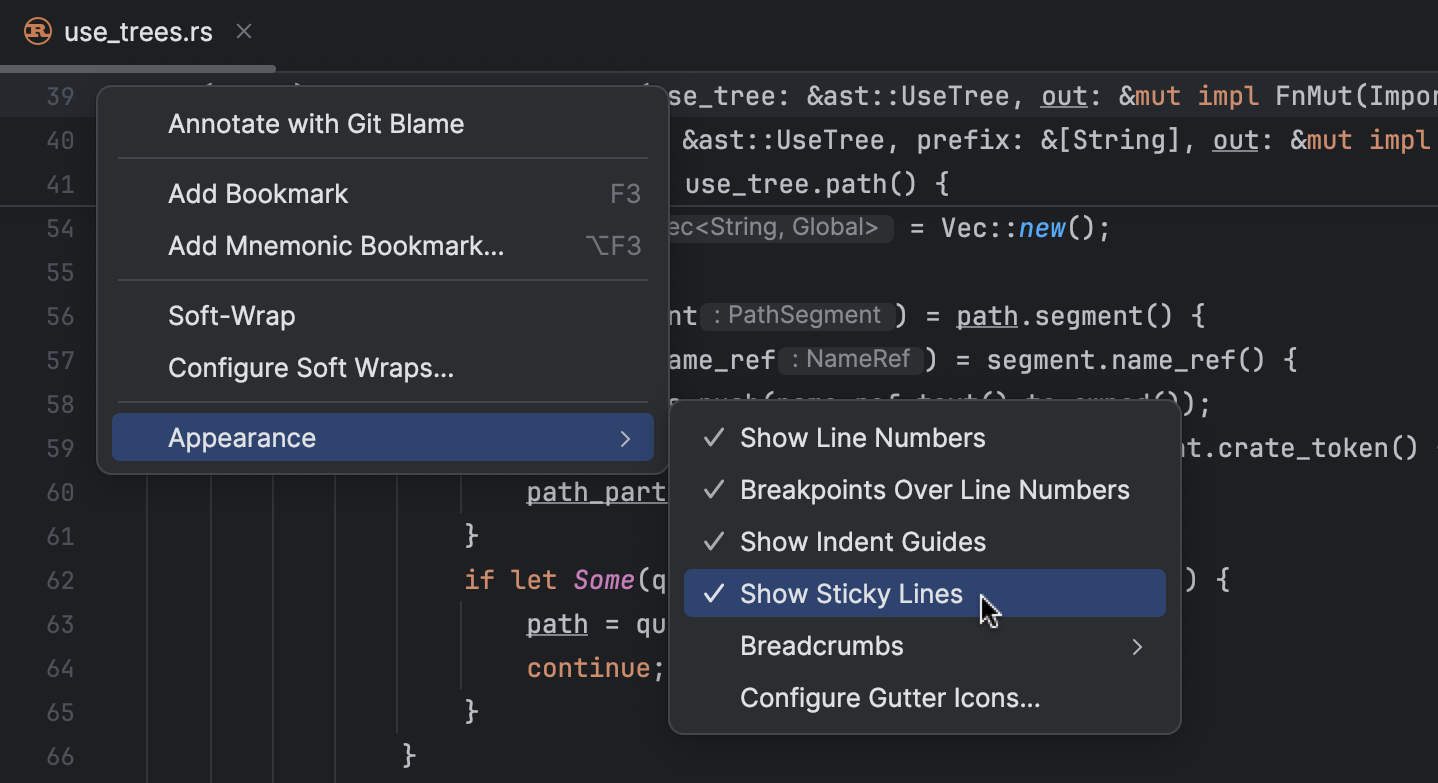 Sticky lines | RustRover Documentation
