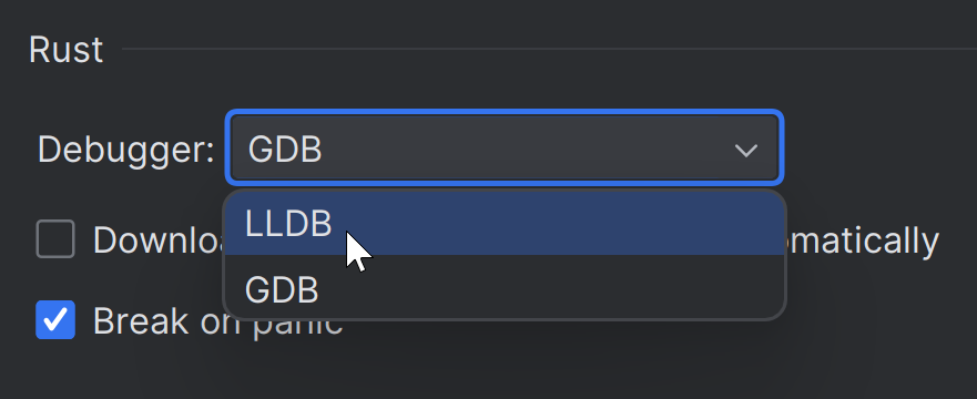 Switching debuggers and renderers | RustRover Documentation