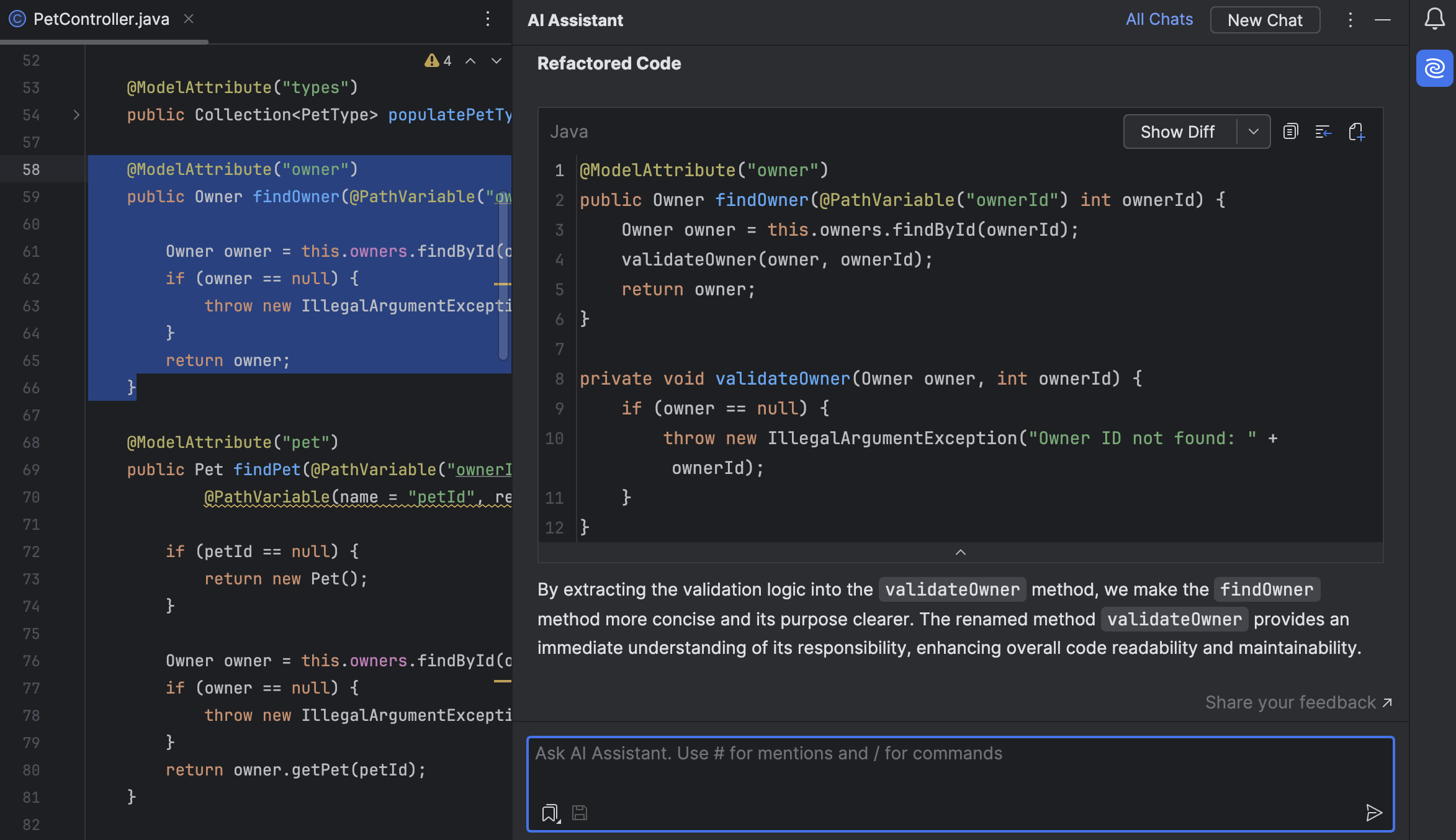 Use Ai Prompts To Explain And Refactor Your Code Intellij Idea 5960