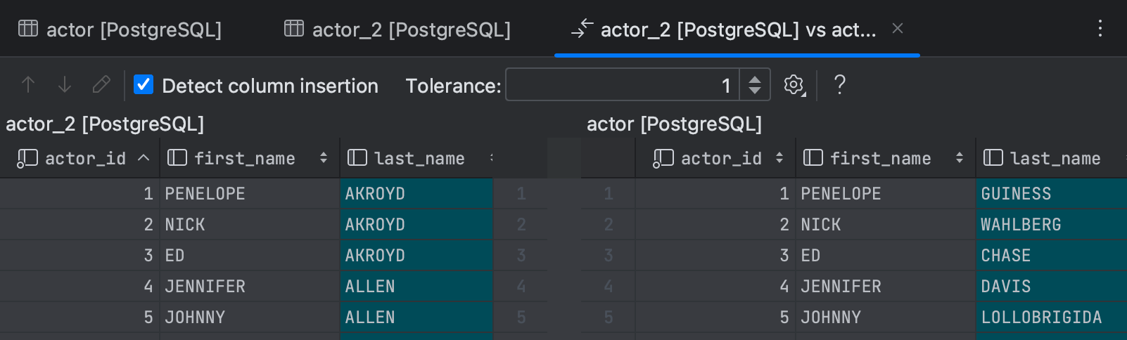 Compare the data of database objects | DataGrip Documentation