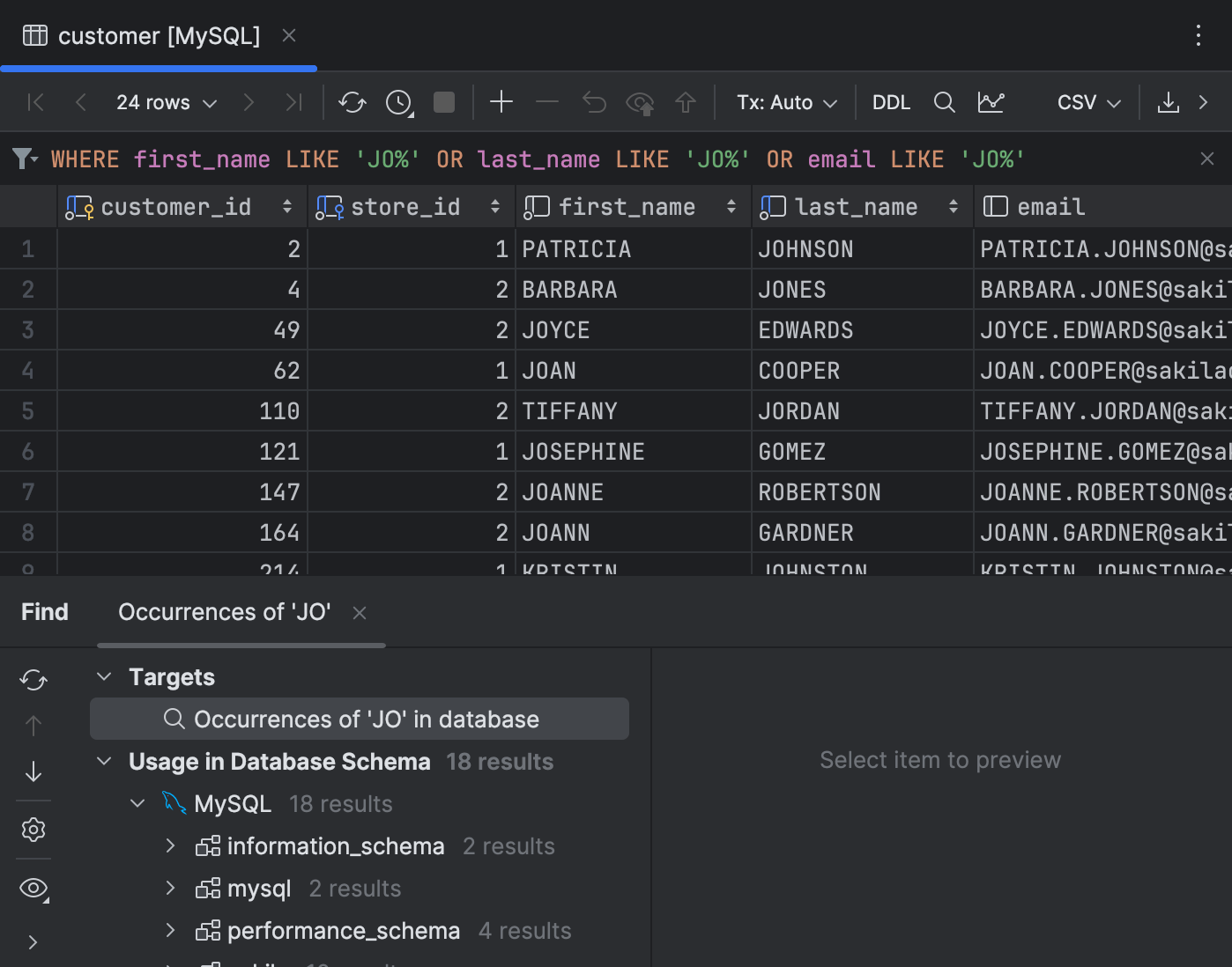 Full-text search in databases | DataGrip Documentation