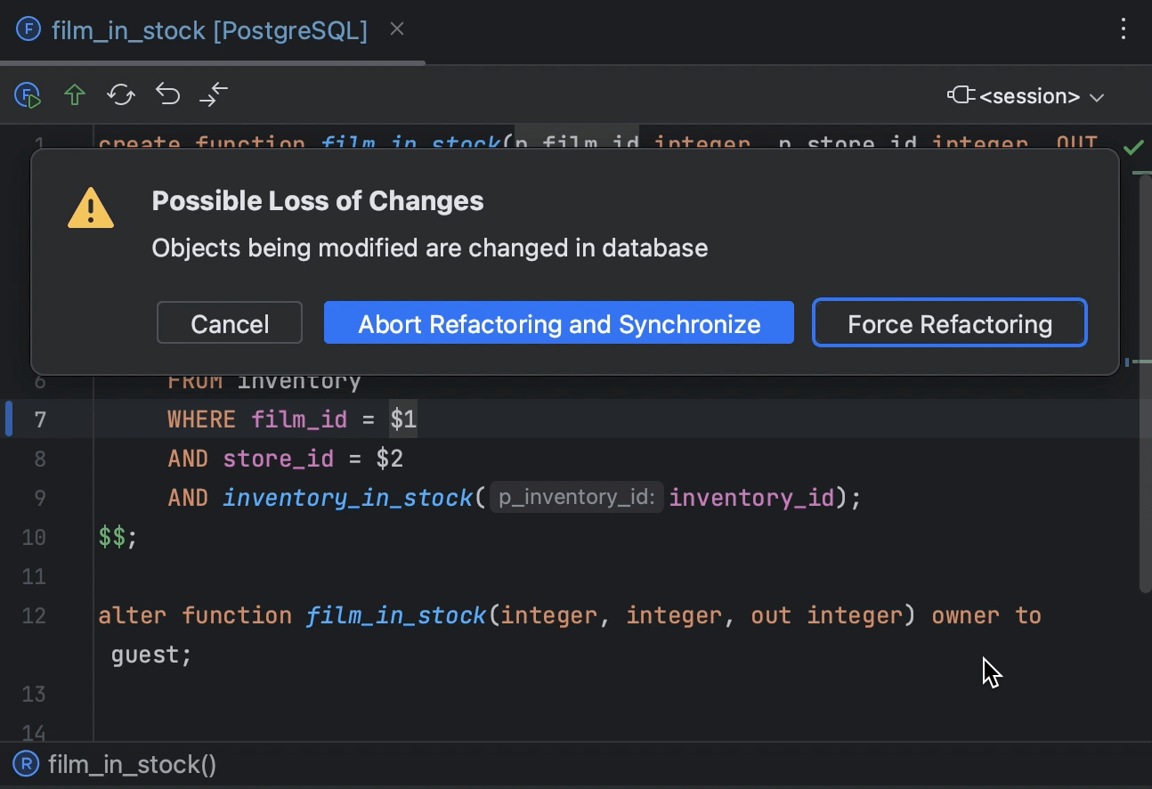 Modify source code of database objects | PyCharm Documentation