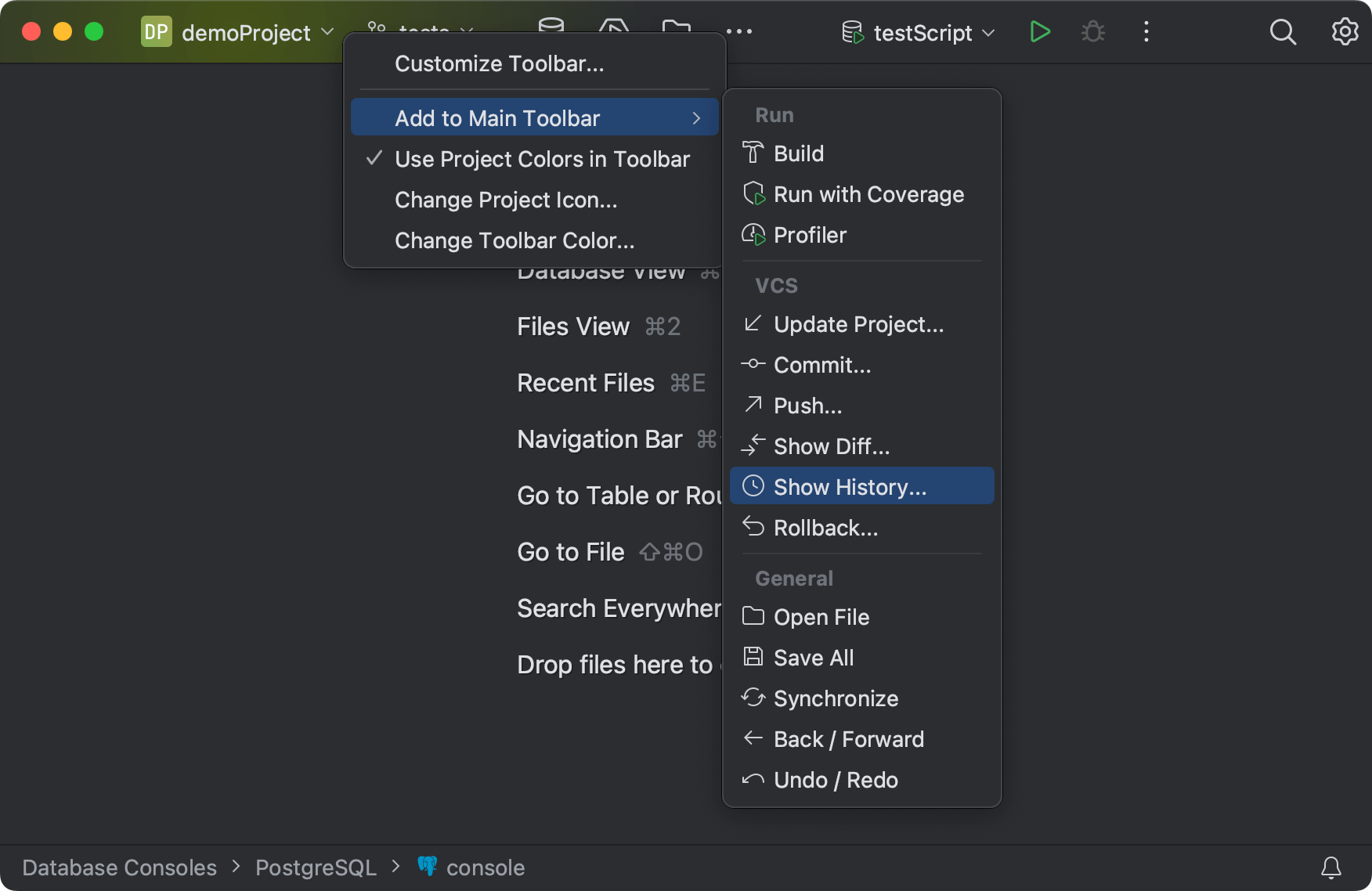 Menus and toolbars | DataGrip Documentation