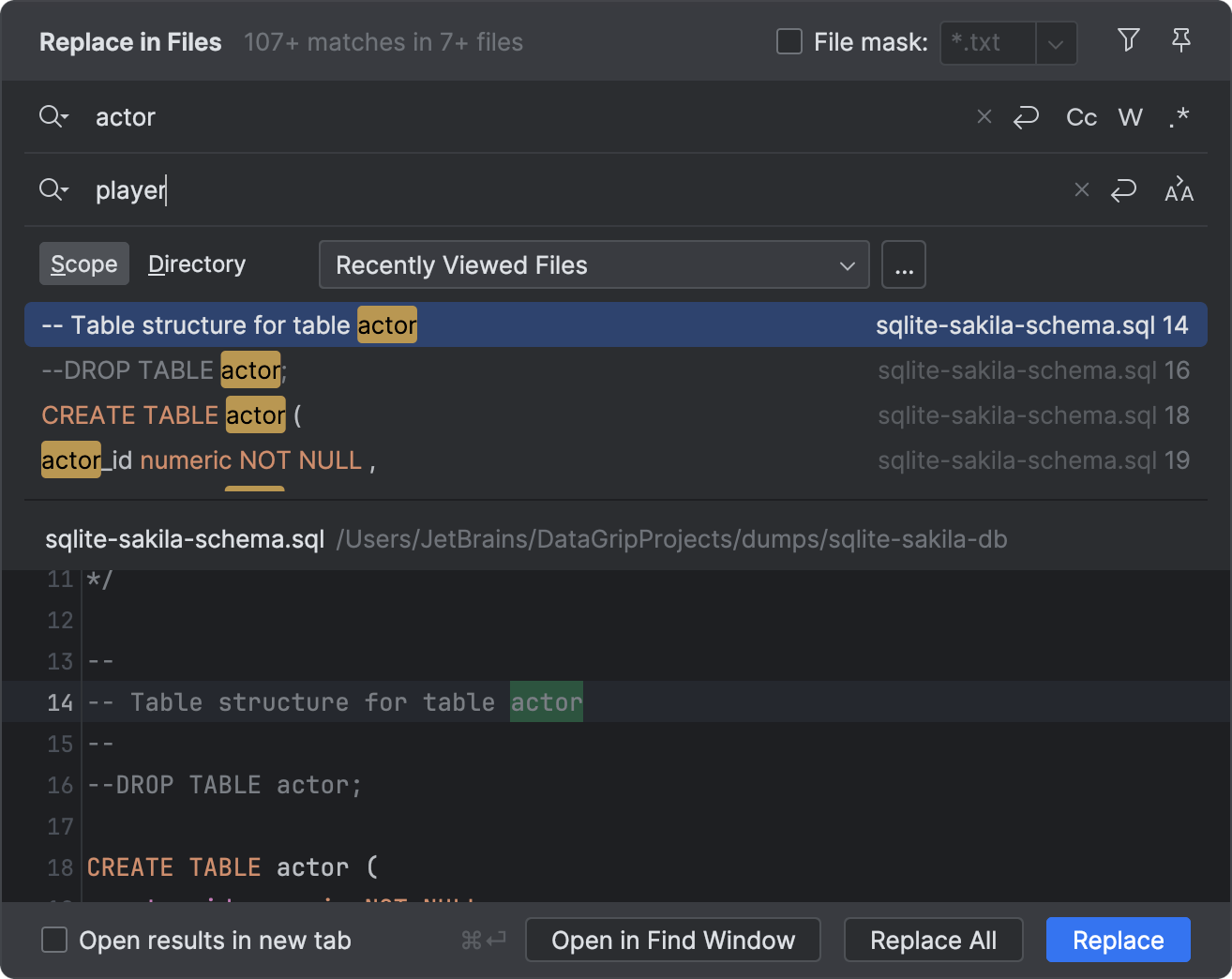 Search and replace content in files | DataGrip Documentation