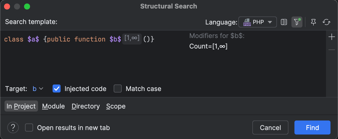 Structural search and replace | PhpStorm Documentation