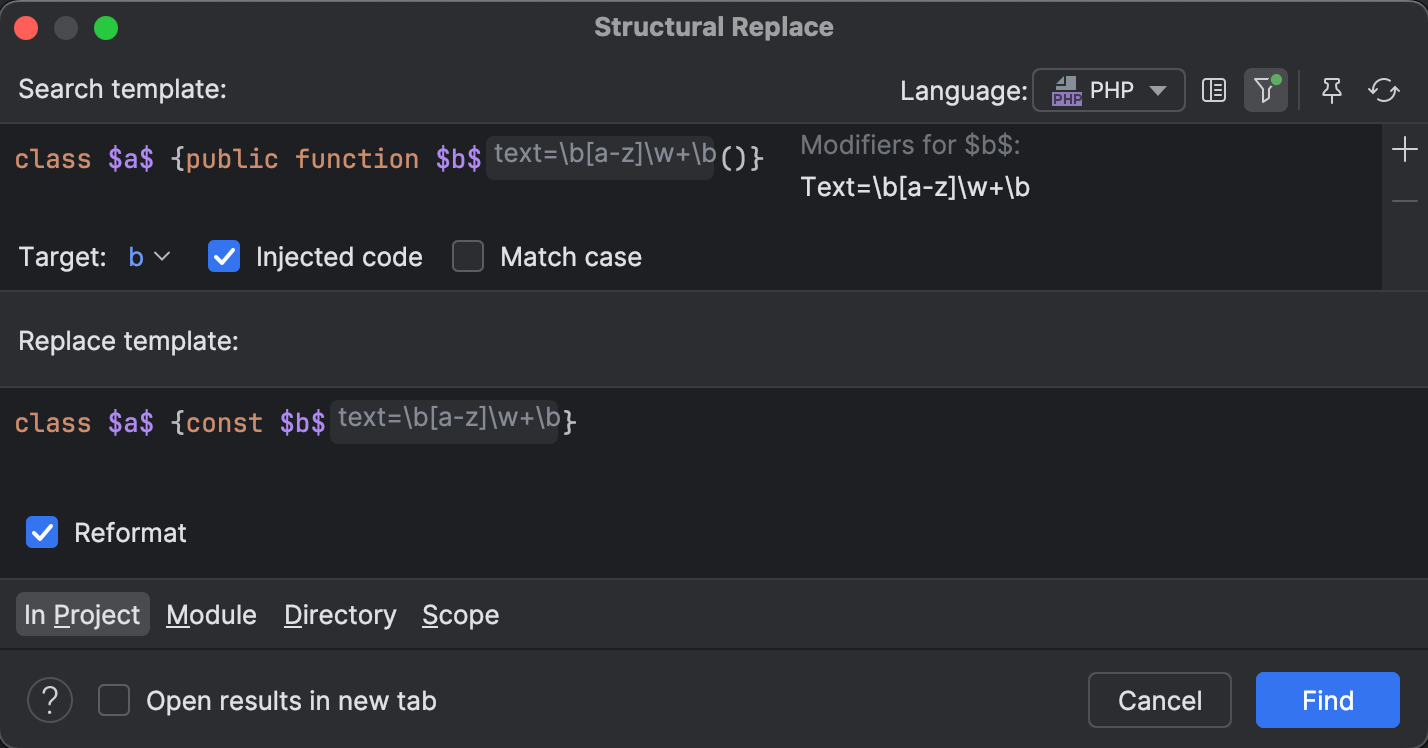Structural search and replace | PhpStorm Documentation
