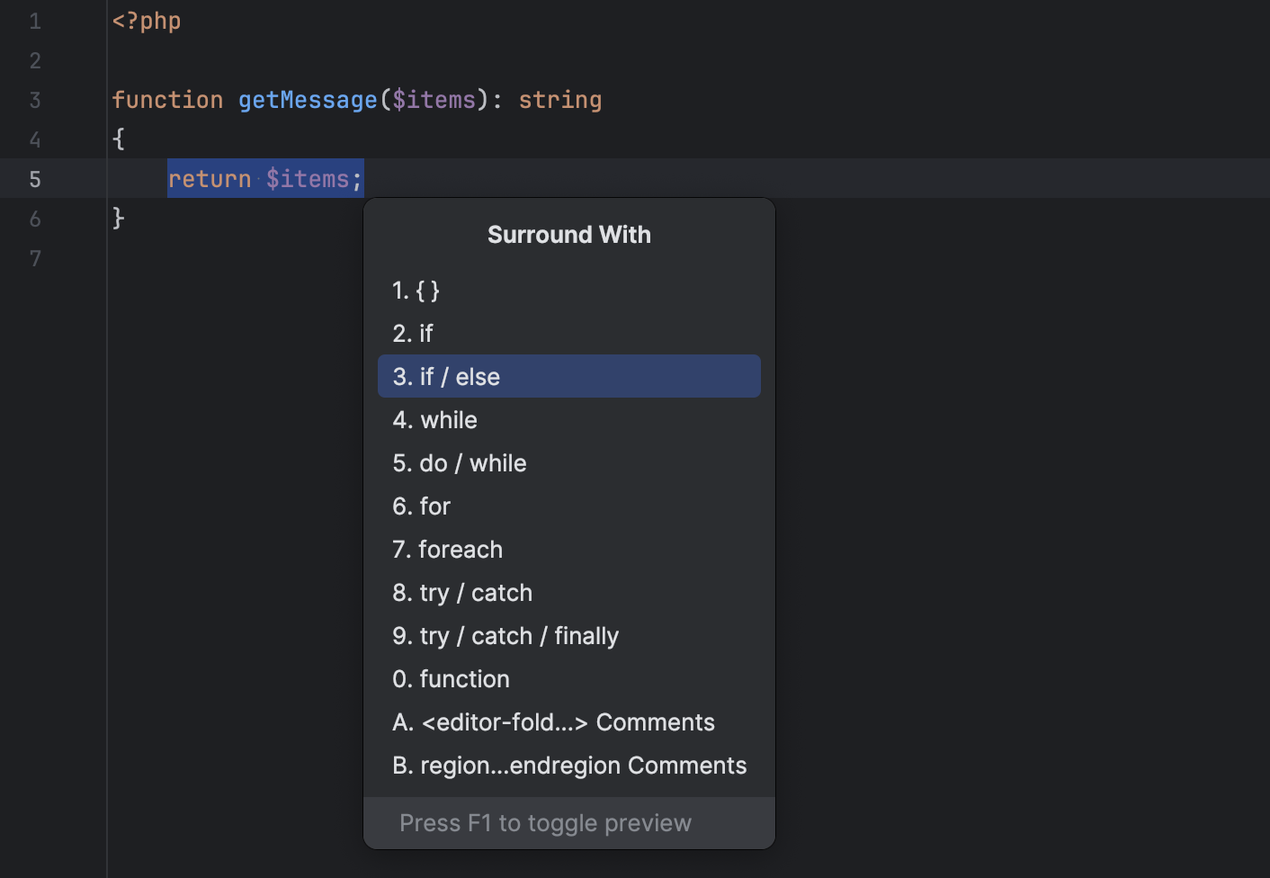 Surround code fragments | PhpStorm Documentation