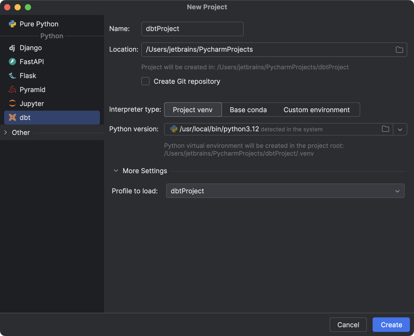 Create and configure a dbt project | PyCharm Documentation