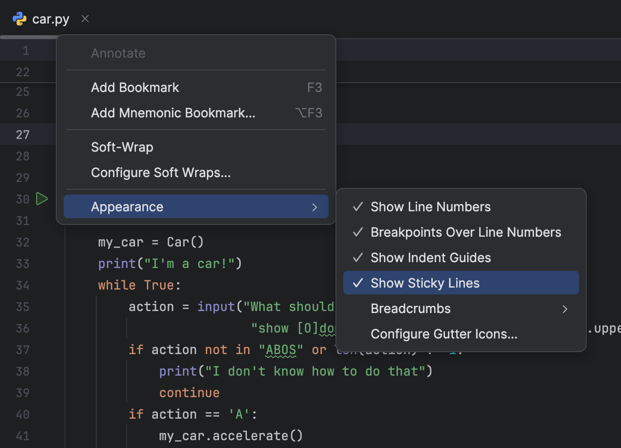 Sticky lines | PyCharm Documentation