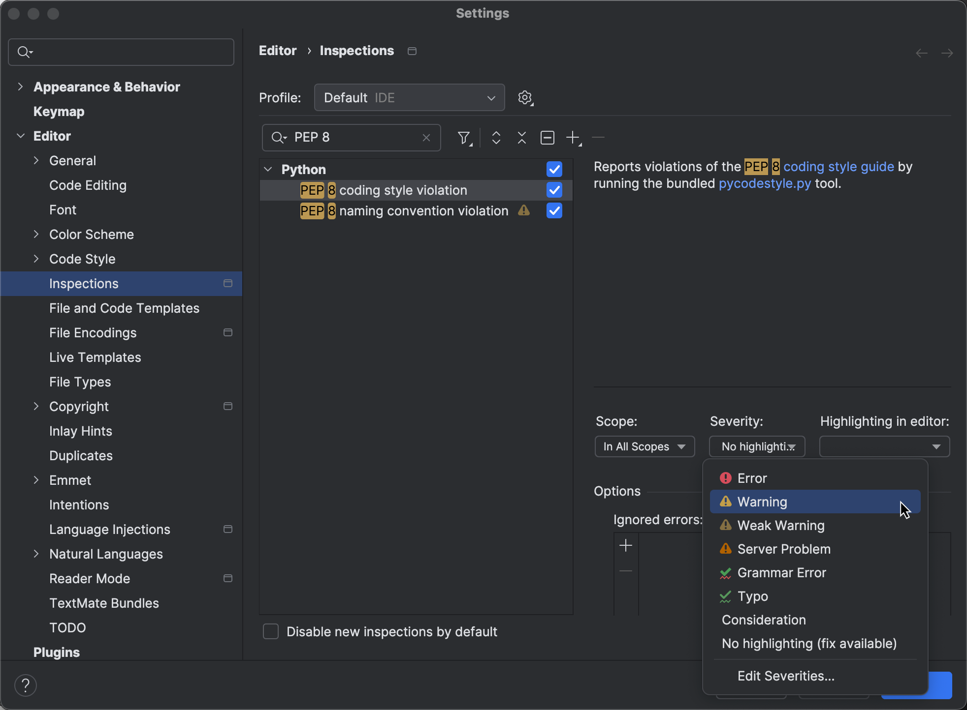 Change inspection severity | PyCharm Documentation