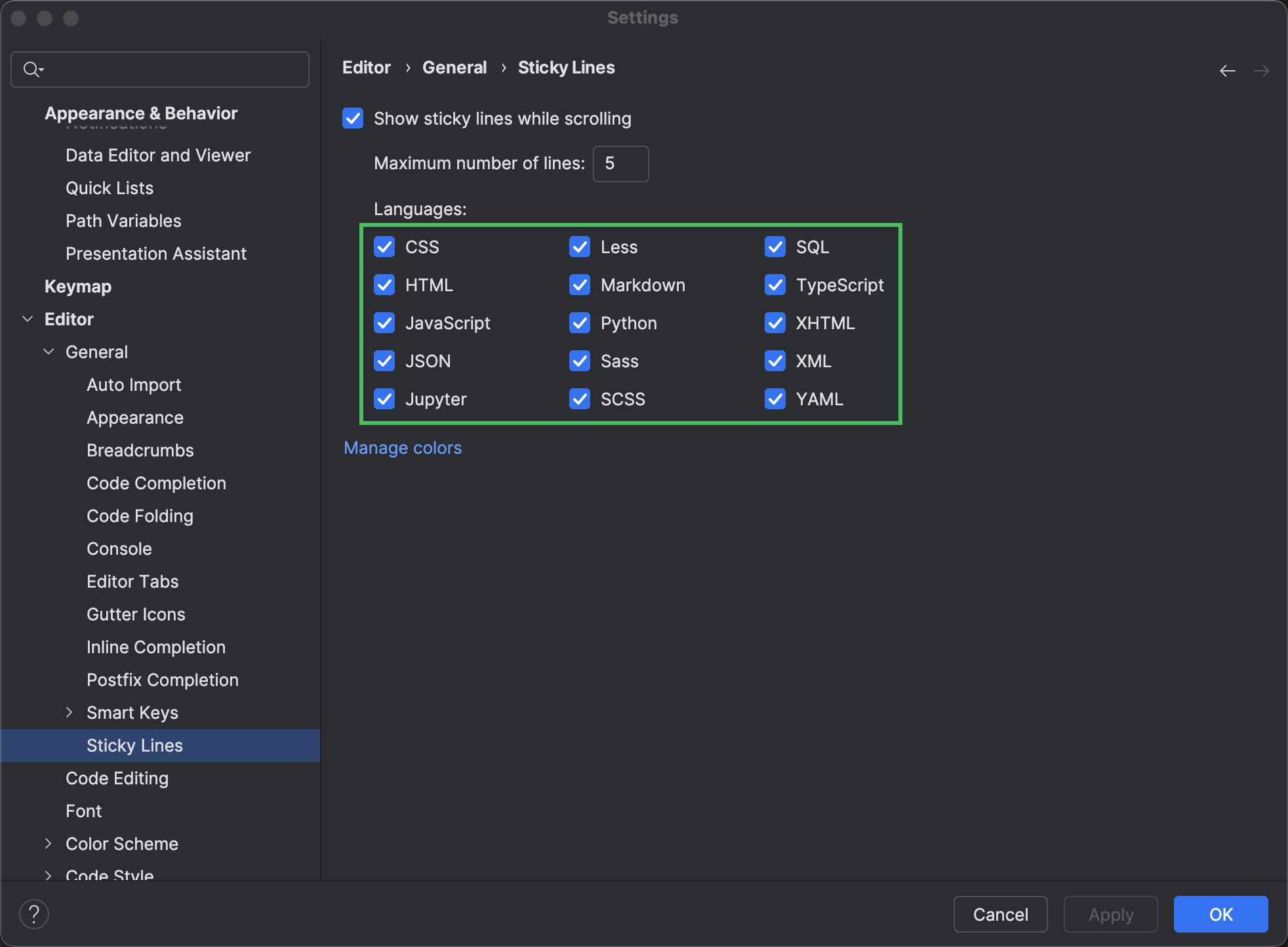 Sticky lines | PyCharm Documentation