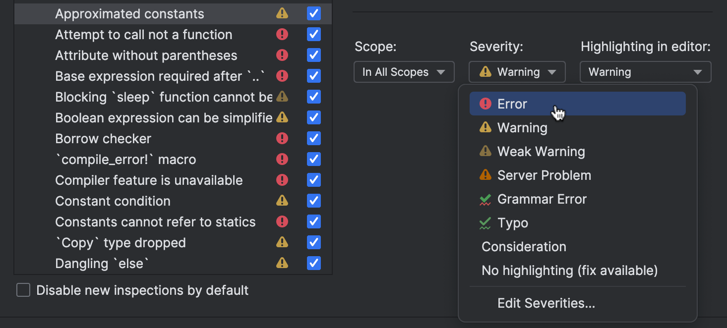 Inspection severities | RustRover Documentation