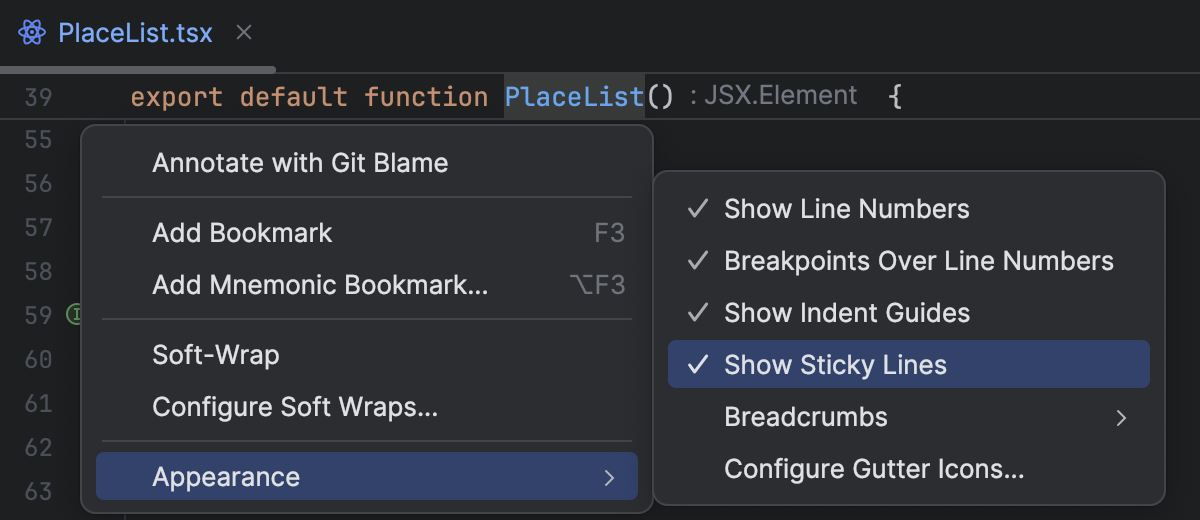 Sticky lines | WebStorm Documentation