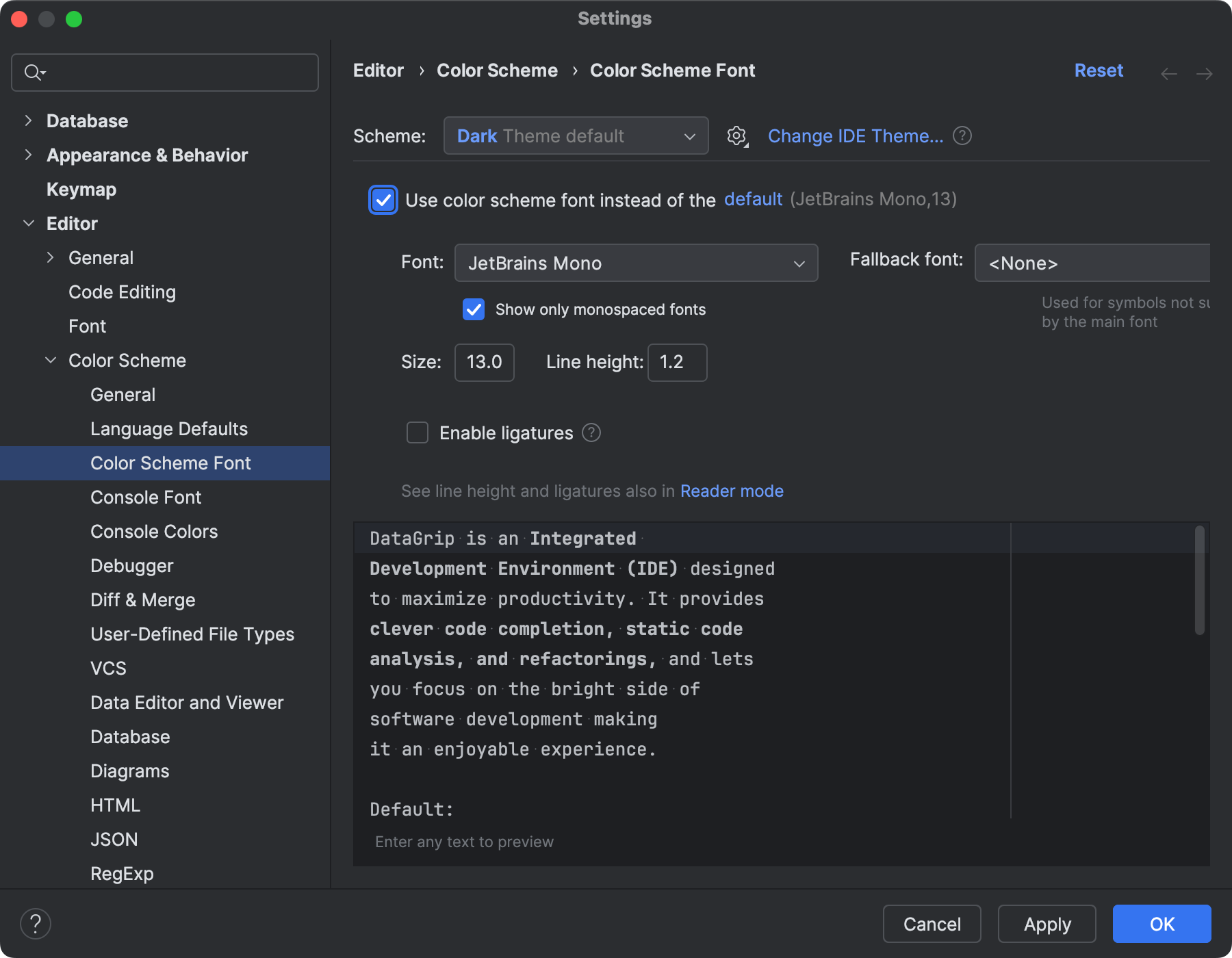 Colors and fonts | DataGrip Documentation