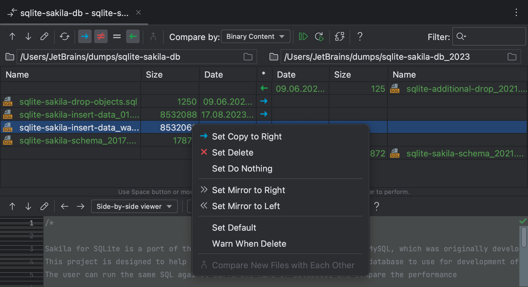 Compare files, folders, and text sources | DataGrip Documentation