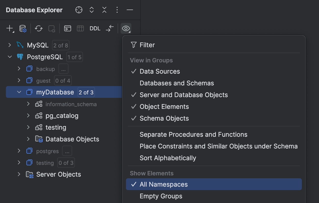Show all databases or schemas | DataGrip Documentation