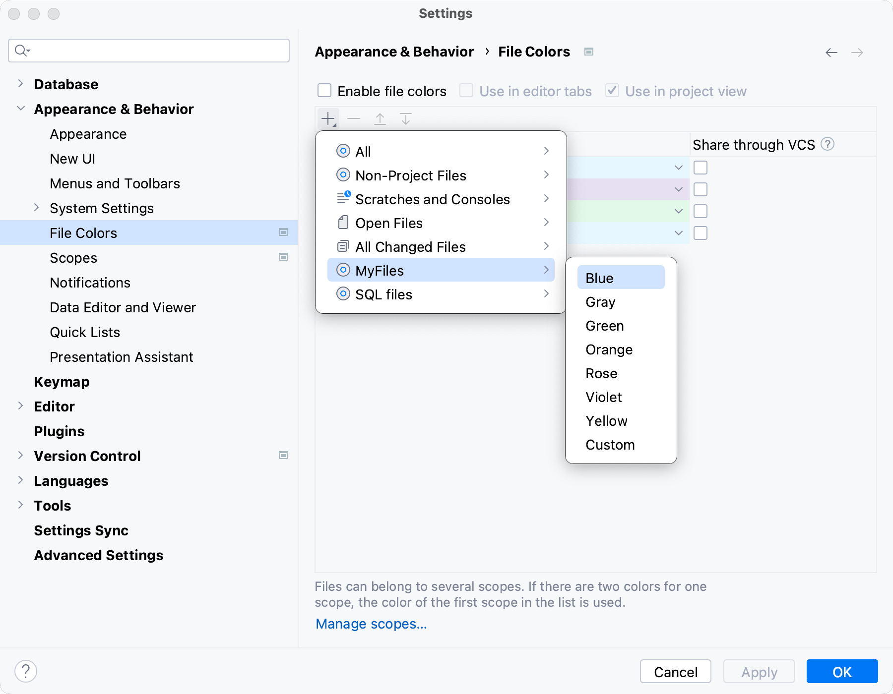 Scopes and file colors | DataGrip Documentation