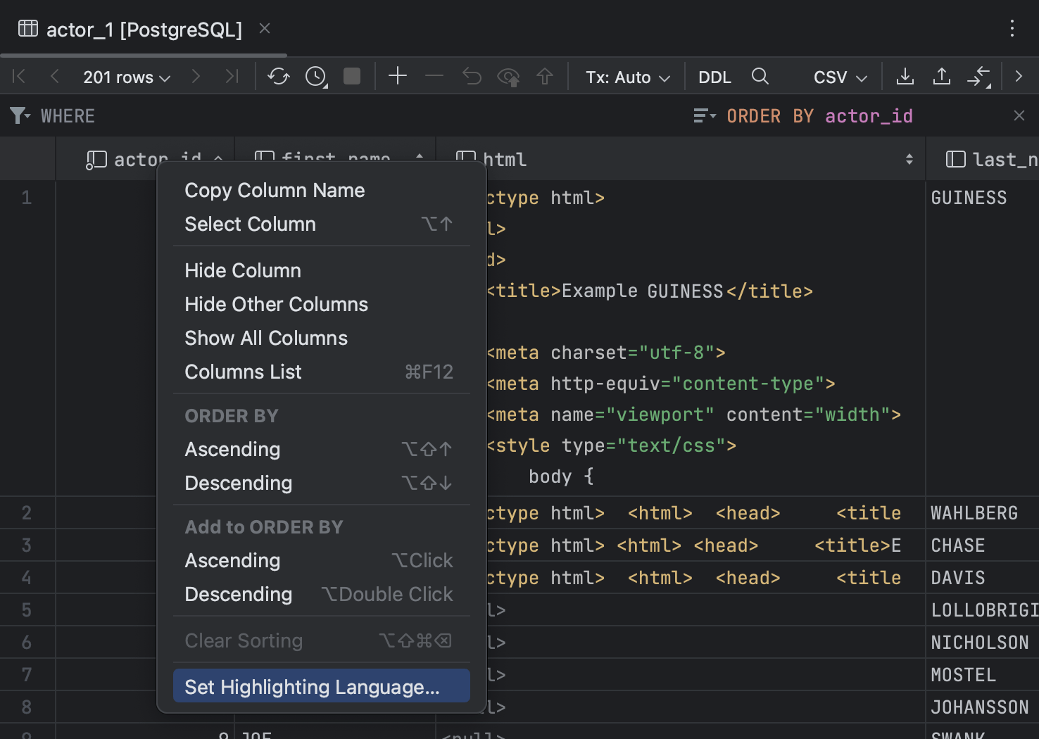 Columns | PyCharm Documentation