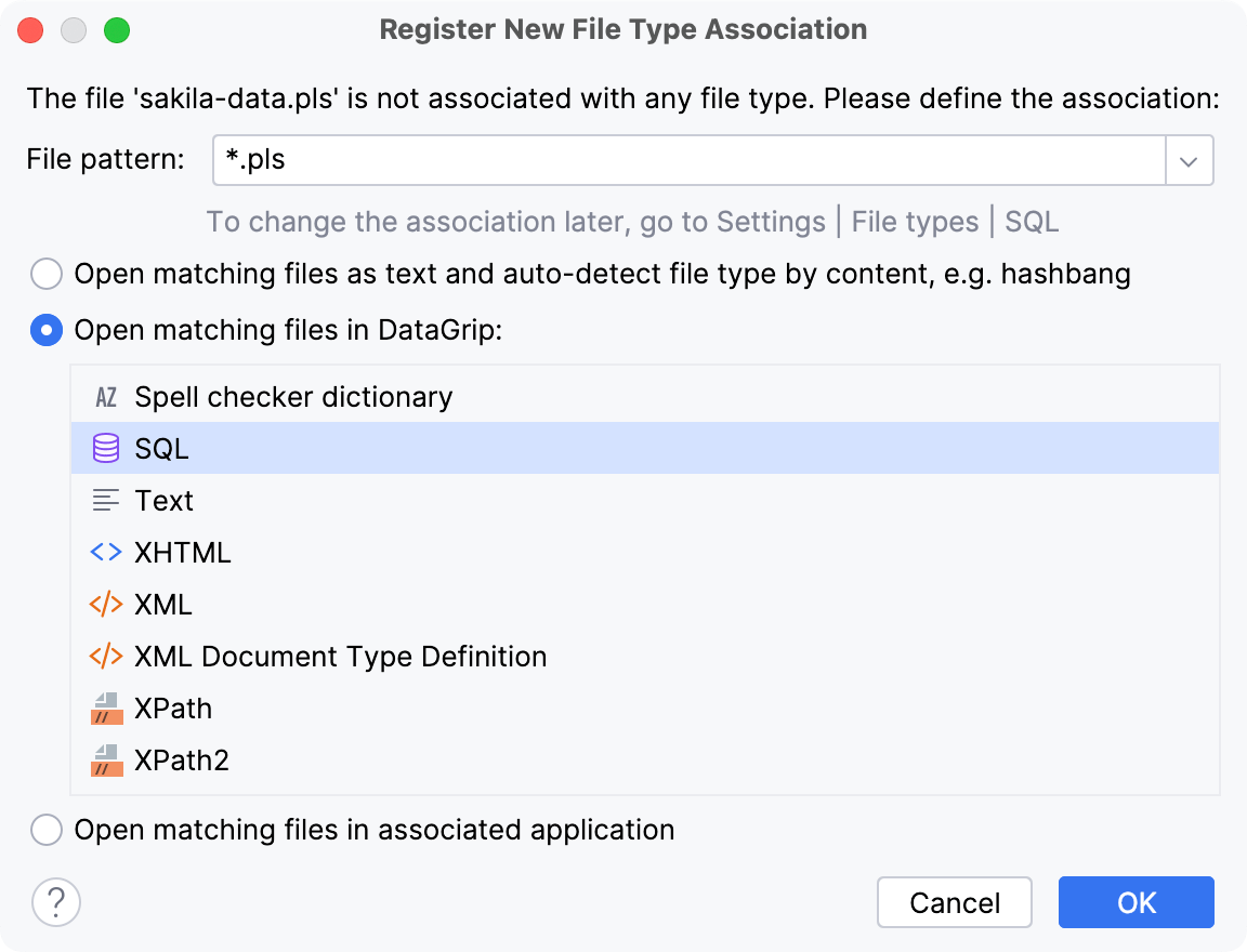 Register New File Type Association Dialog | DataGrip Documentation