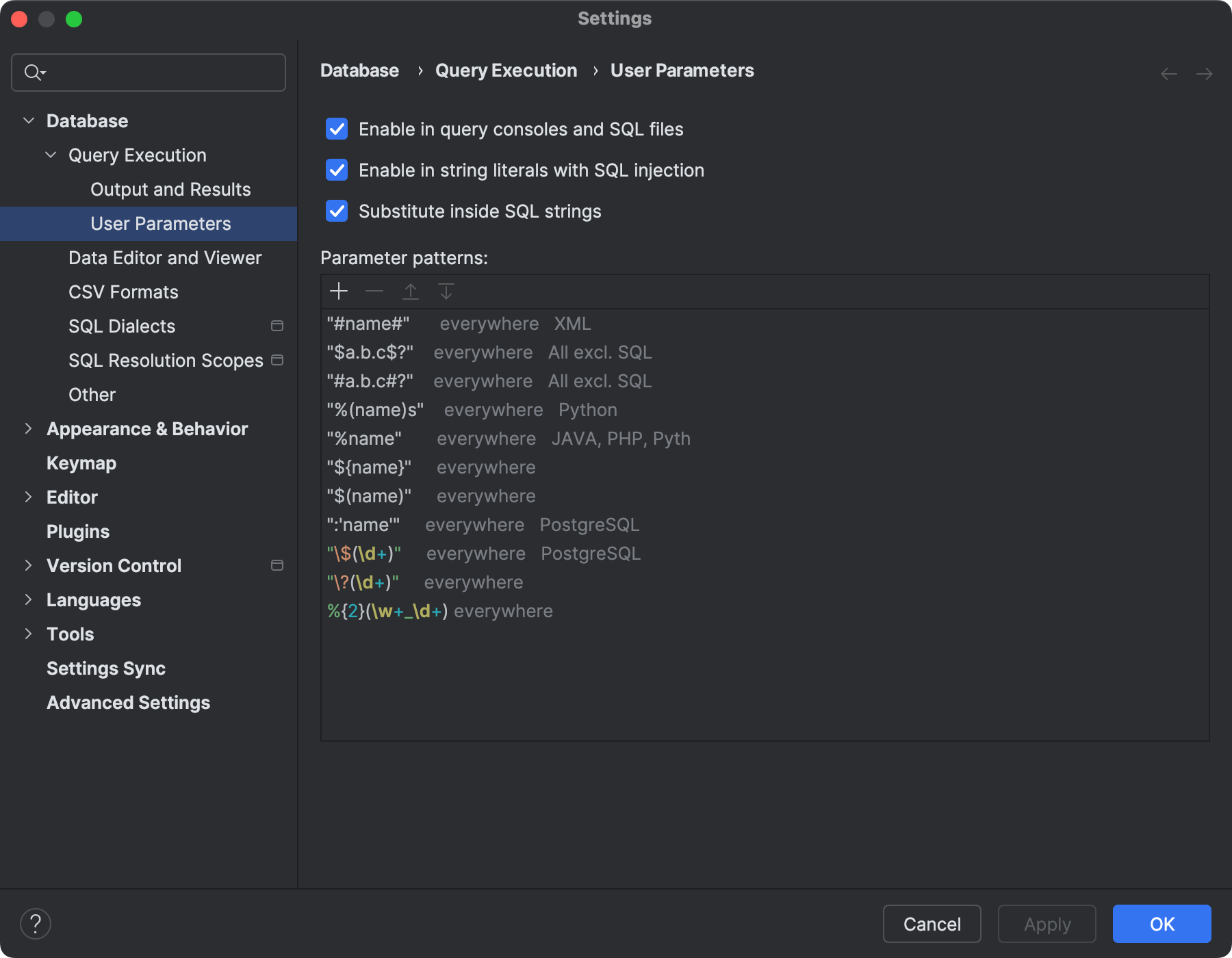 User Parameters Datagrip Documentation