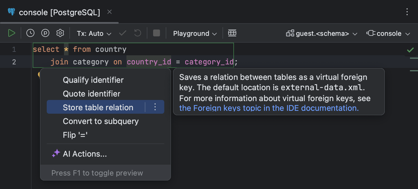 Virtual foreign keys | DataGrip Documentation