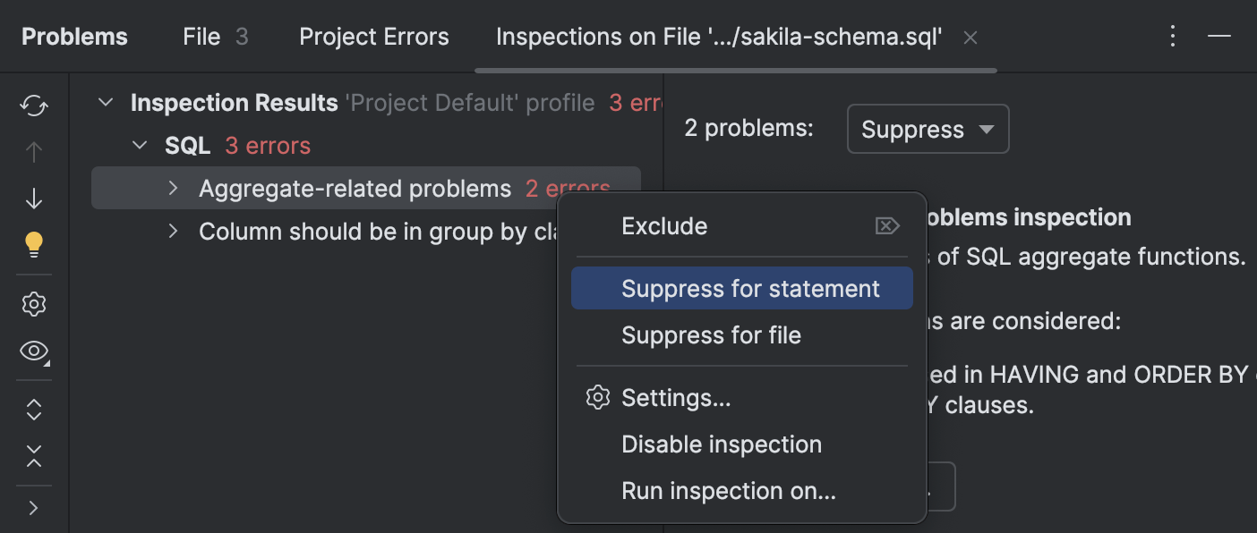 Disabling and enabling inspections | DataGrip Documentation