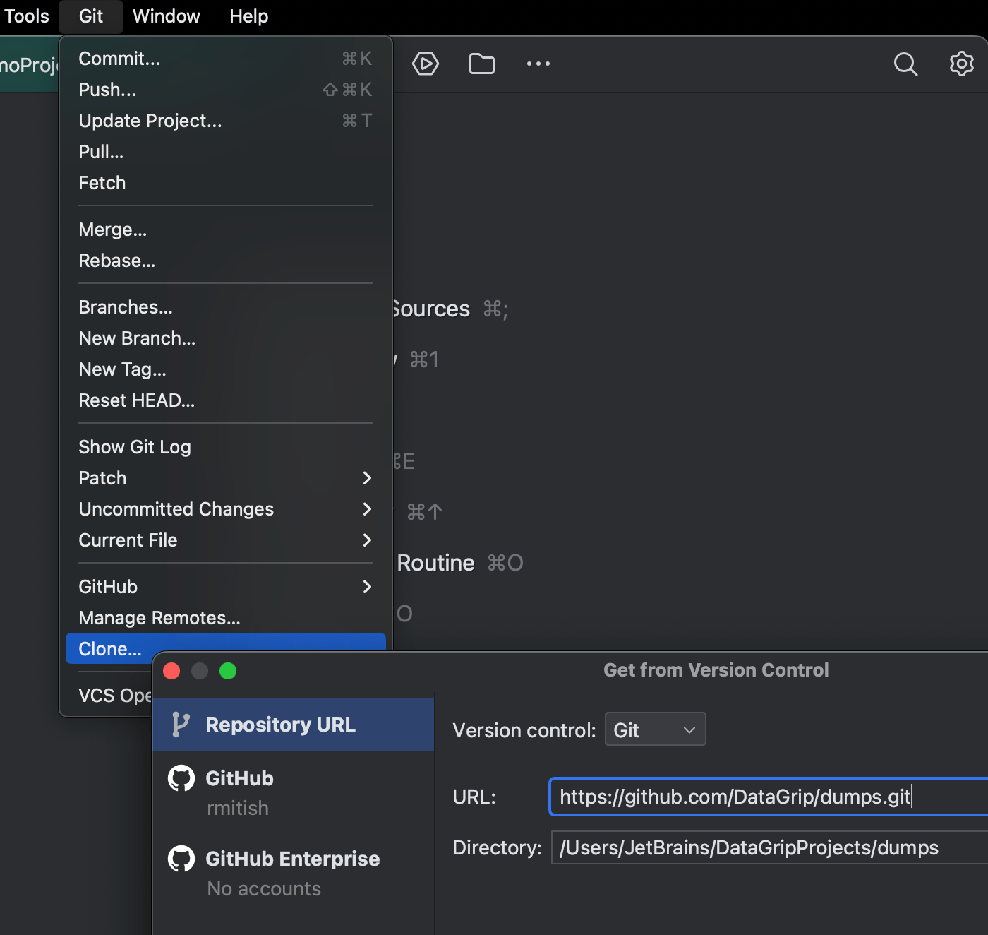 Start A Github Project In Datagrip Datagrip Documentation
