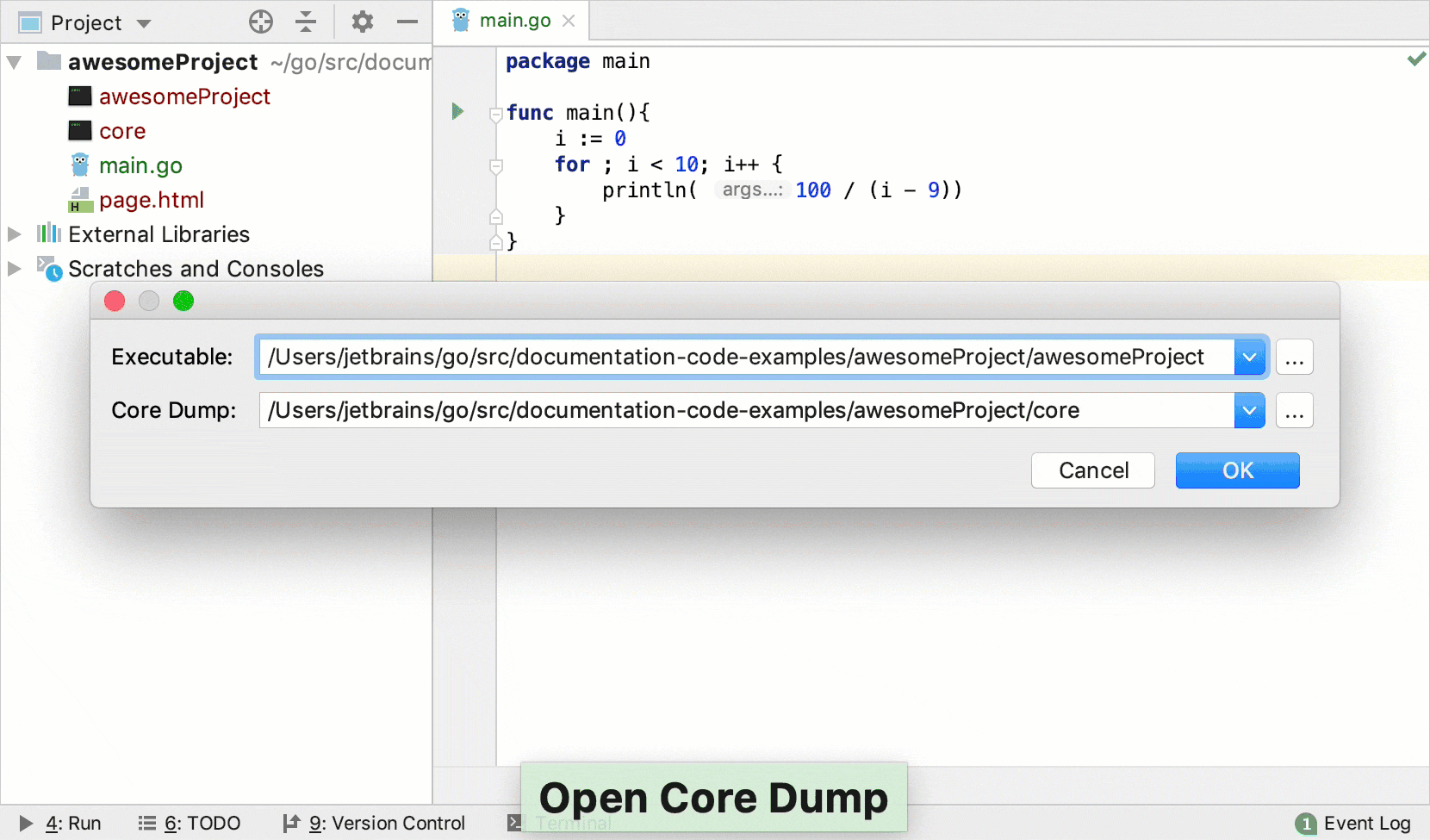 Exploring Go core dumps | GoLand Documentation