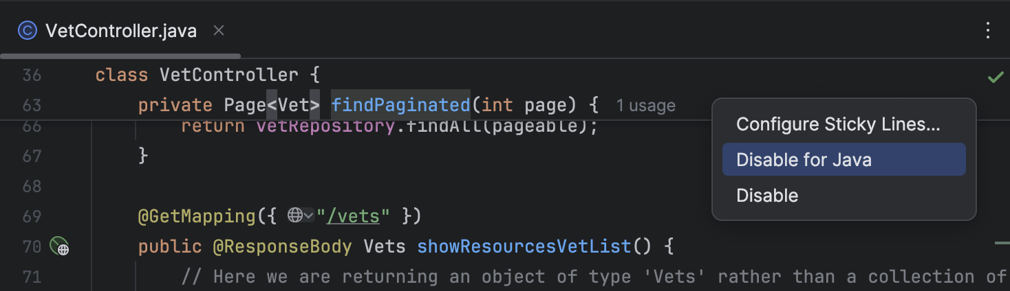 Sticky lines | IntelliJ IDEA Documentation