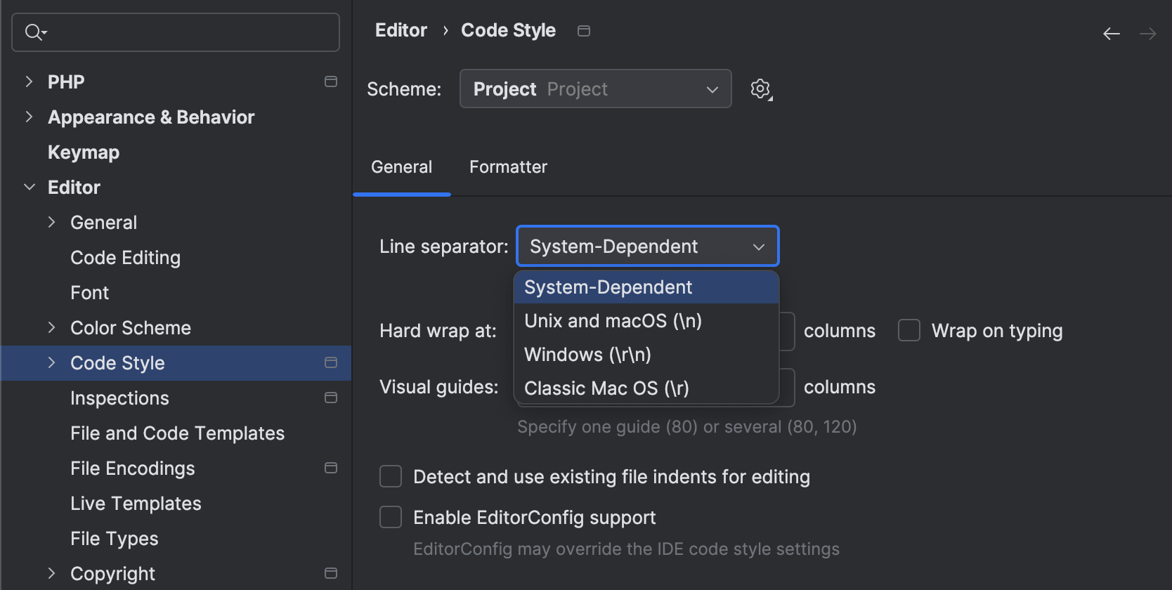 Configure Line Separators Phpstorm Documentation